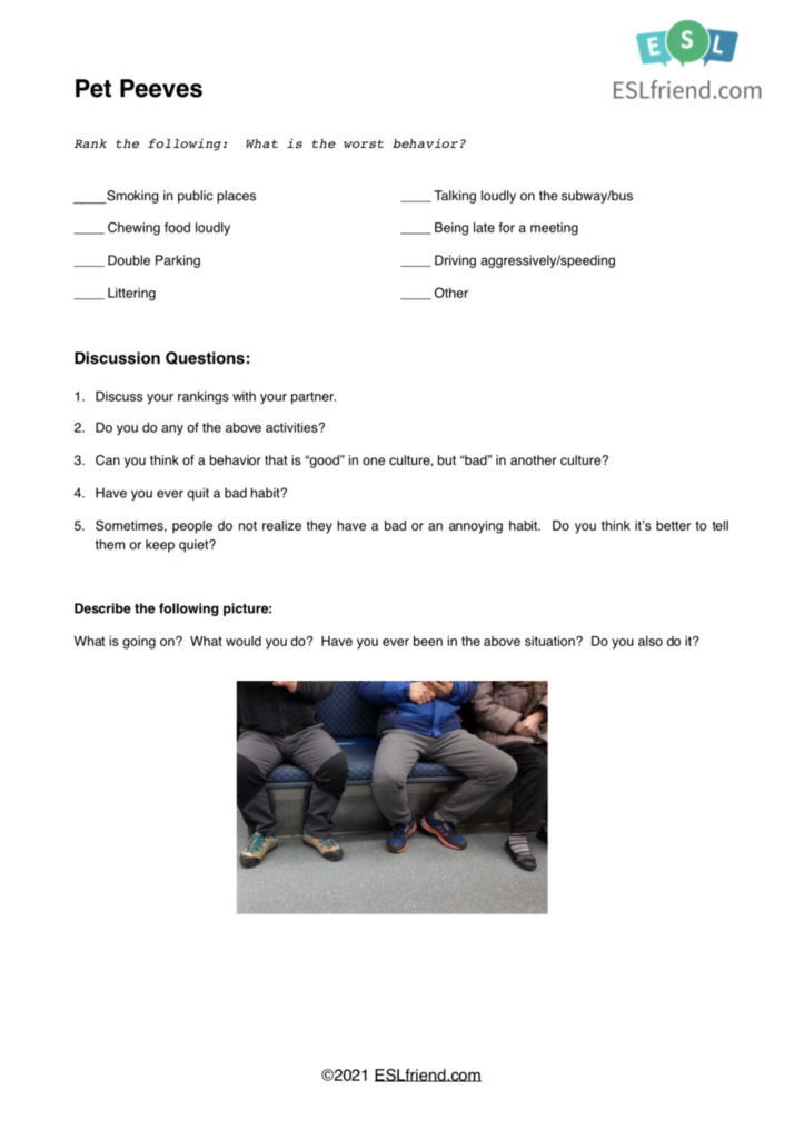 ESL Conversation - Pet Peeves - ESLfriend.com