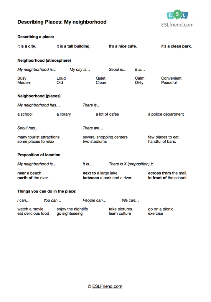 Describing Places - Free English handouts - ESLfriend.com